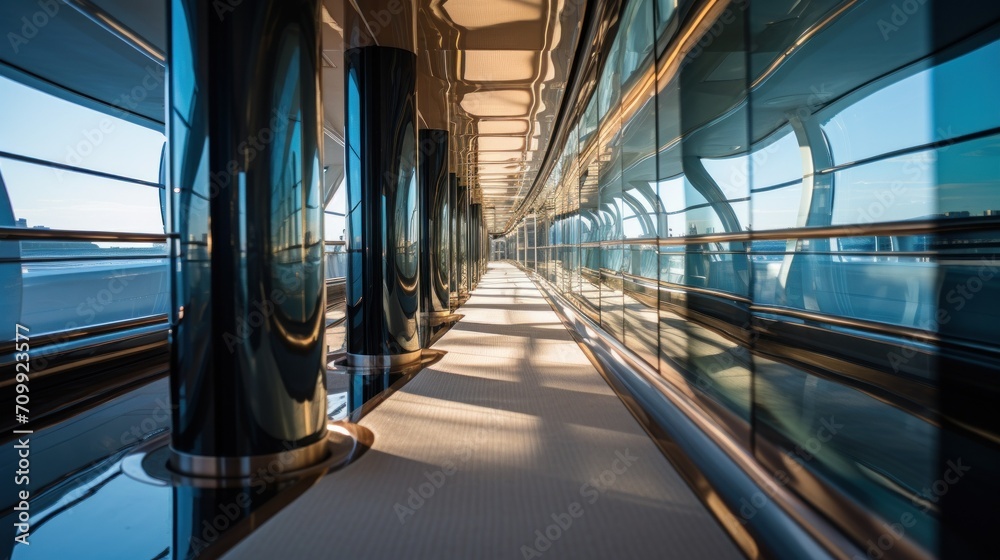 Beautiful detail of a superyacht upper deck corridor reflection on the ...