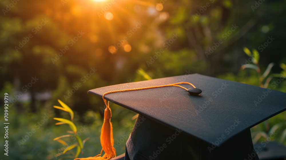 Graduation cap in the green grass, graduation day concept, education ...