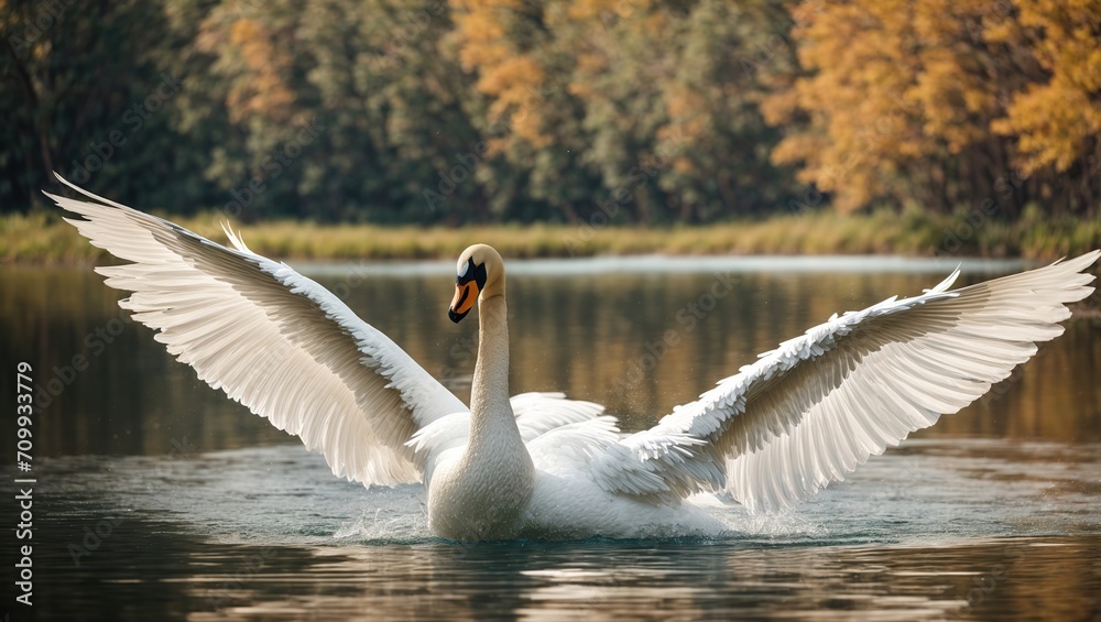A majestic swan gracefully flaps its wings as it glides across the ...
