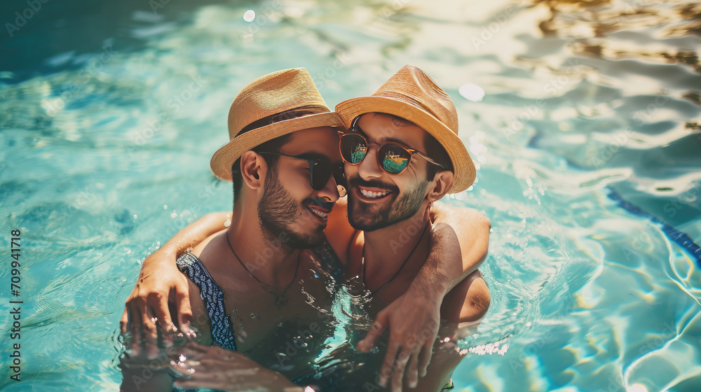 Gay couple wearing sunglasses relaxing in swimming pool or in a sea ...