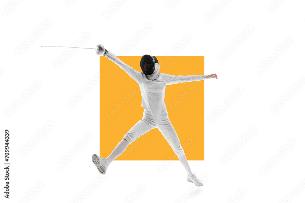 Female fencer in motion, training over white background with yellow ...