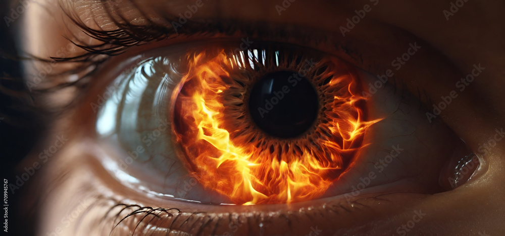 a close-up beautiful eye of a female person. burning glowing fire in ...