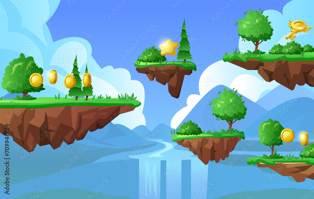 Game world with Level platforms, floating forest land islands on summer ...