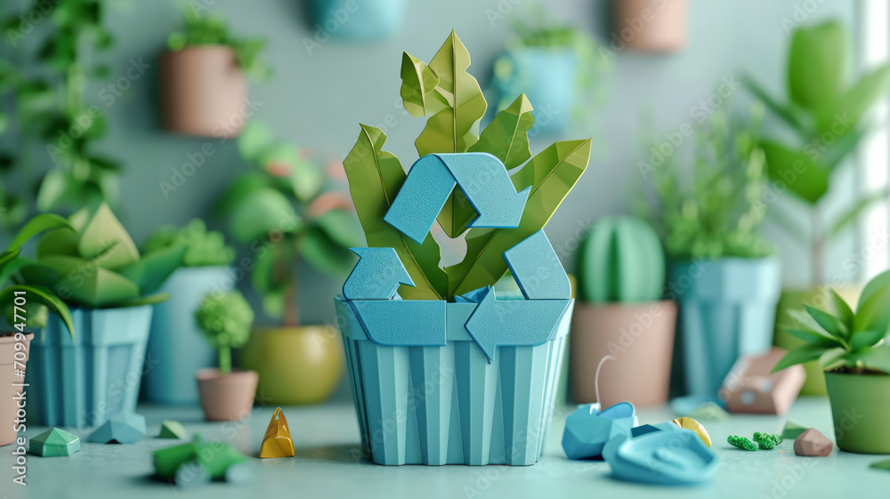 Blue recycle sign triangular eco recycle banner. Green clean energy in ...