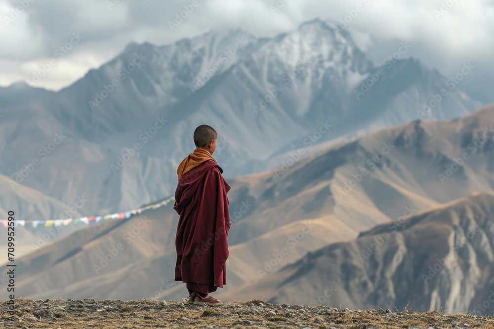 A 12 - year - old Tibetan monk, adorned in traditional maroon and ...