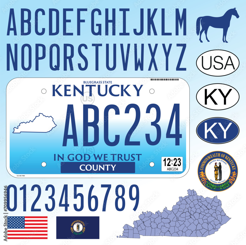 Kentucky car license plate pattern, letters, numbers and symbols ...