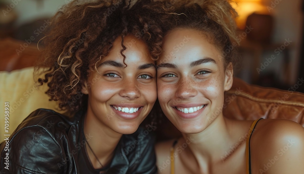 Queer Couple Bonding At Home Happy Married Lesbian Couple Smiling