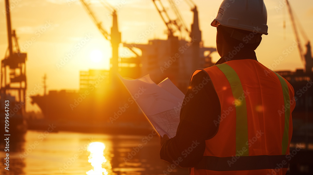 Dawn of Industry: Engineer Overseeing Port Operations as Day Breaks ...