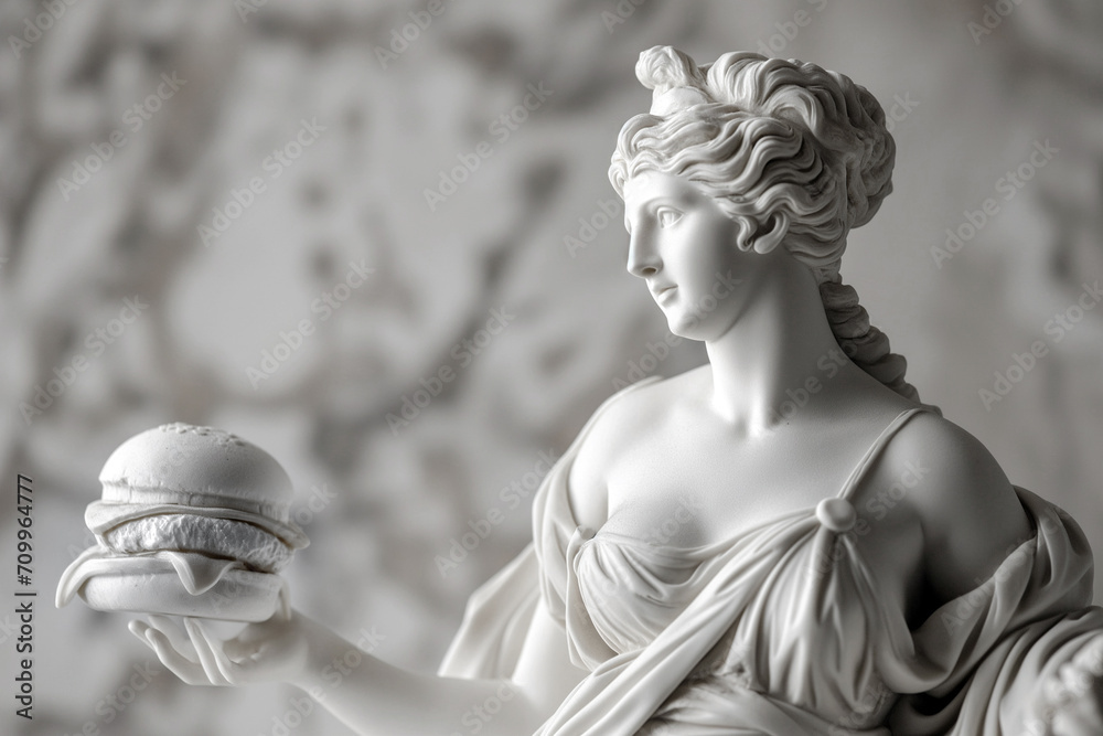Ancient Greek goddess sculpture holding a burger. Female marble statue ...