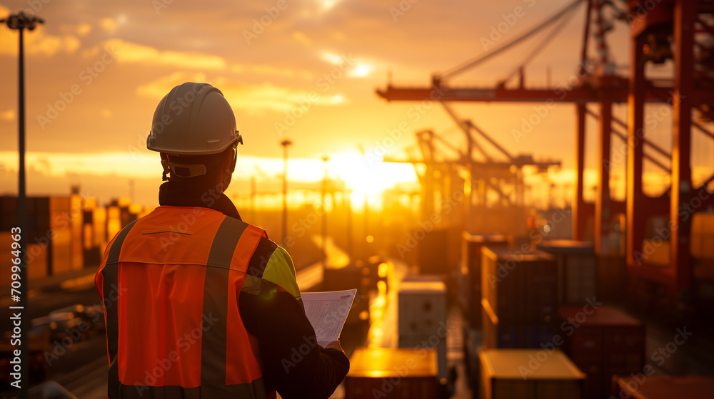 Harbor at Golden Hour: Logistics Expert Assessing Operations Amidst the ...