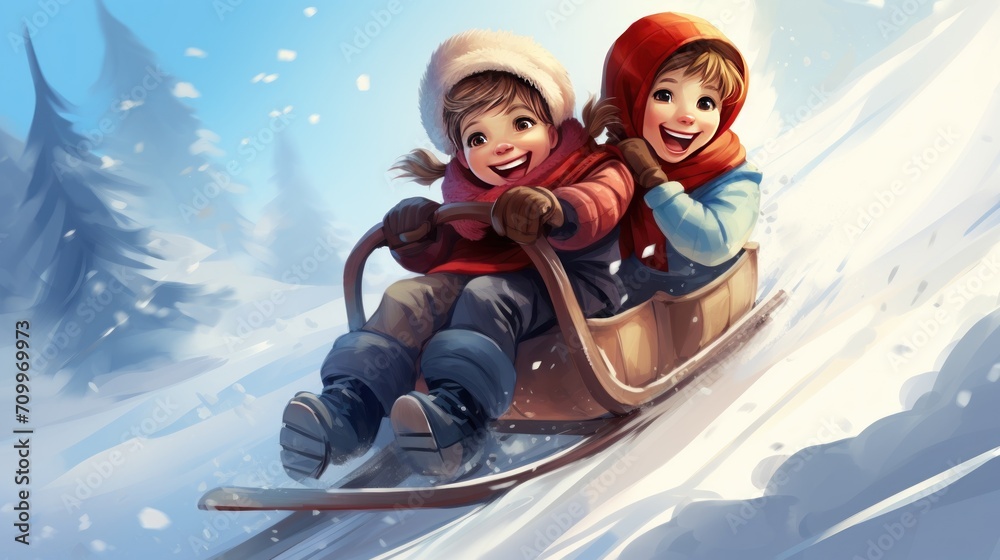 Happy children ride a sled down a snowy hill illustration in cartoon ...