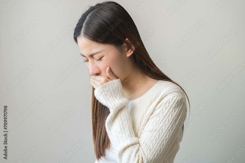Unhappy pregnant asian young woman, pain girl suffering from nausea ...
