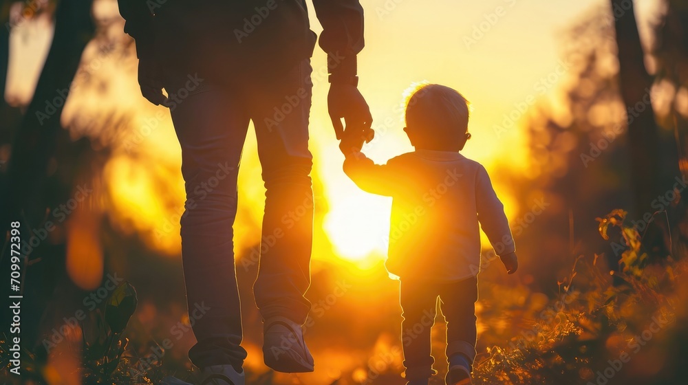 Little son, dad hold hands close up in nature in sun. Child father walk ...