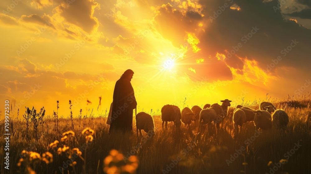 Shepherd Jesus Christ leading the flock and praying to Jehovah God and ...