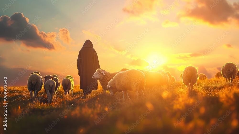 Shepherd Jesus Christ leading the flock and praying to Jehovah God and ...