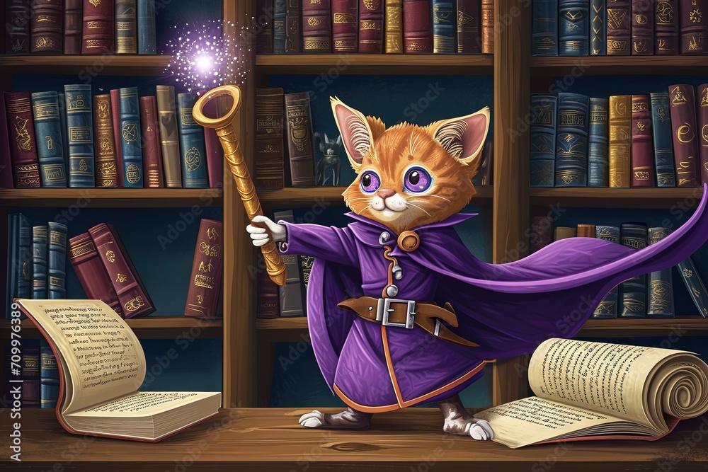 cartoon Kitten Wizard wearing purple coat and cape and holding magic ...