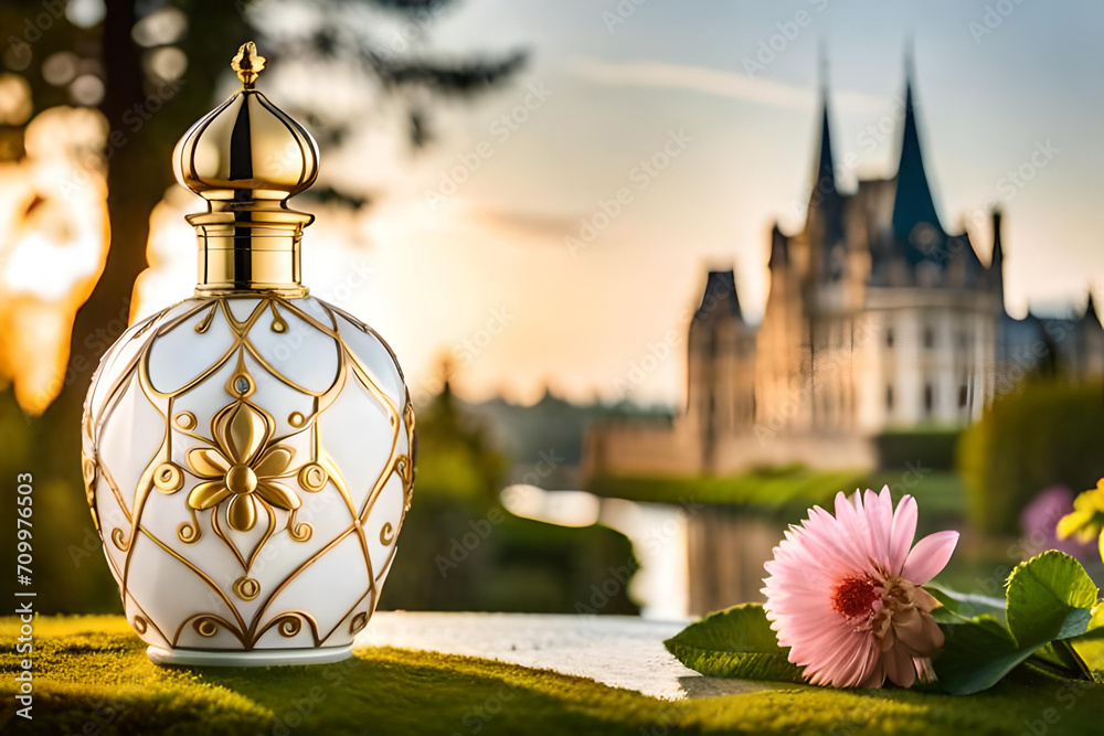 expensive golden baroque perfume bottle in front of a french castle ...