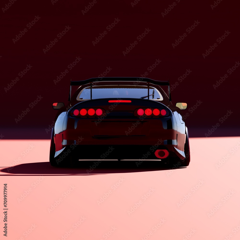 4K Square rear or back view angle a black metalic supercar with red ...