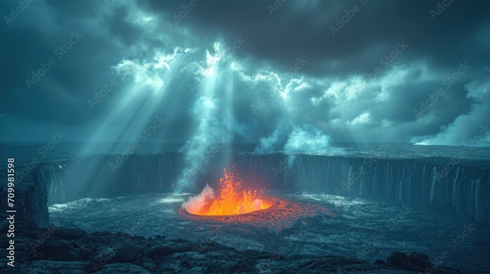 an image of a volcano in the middle of a body of water with bright ...