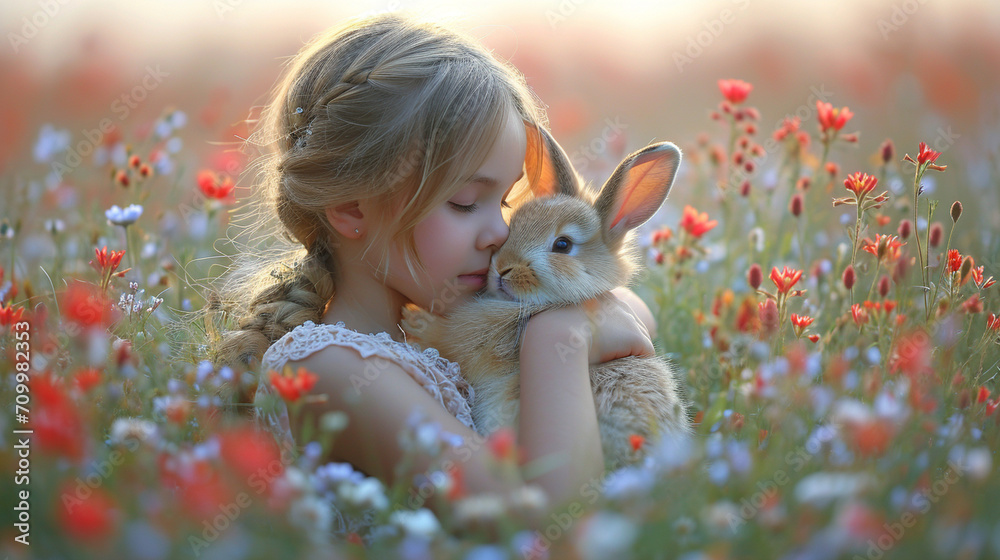 A heartwarming scene of a girl cradling a fluffy rabbit in her arms ...