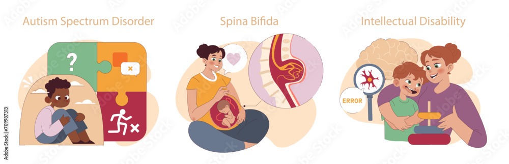 Kid Disability set. Autism, spina bifida, and intellectual disability ...