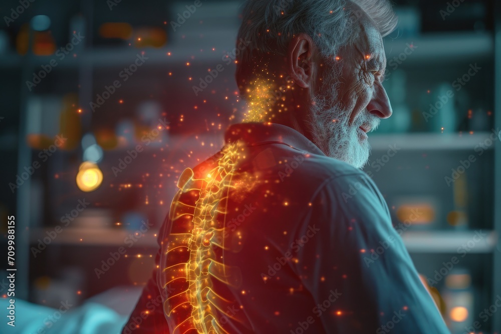 Back pain visualized in augmented reality, old man suffering from ...