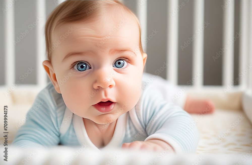 Beautiful smiling cute baby in baby bed looking at camera. Beautiful ...