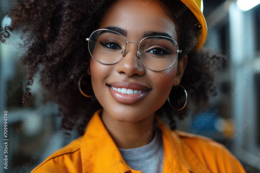 Afro woman wearing Construction worker uniform for safety on site Stock ...