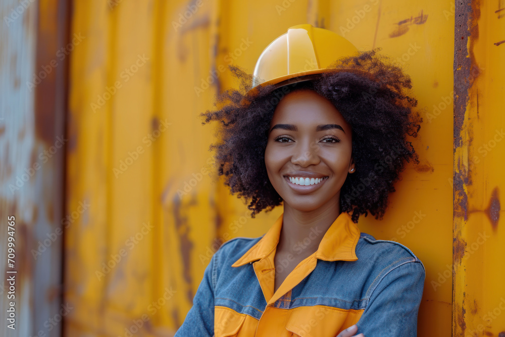 Afro woman wearing Construction worker uniform for safety on site Stock ...