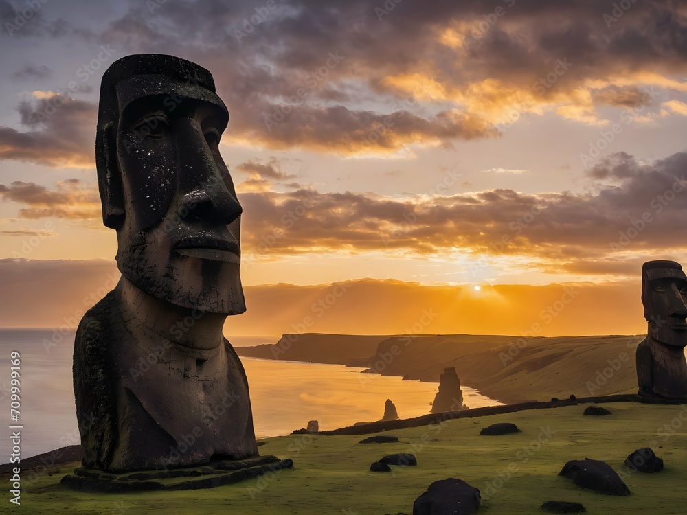 The Moai statues of Easter Island stand in silent vigil as the sun sets ...
