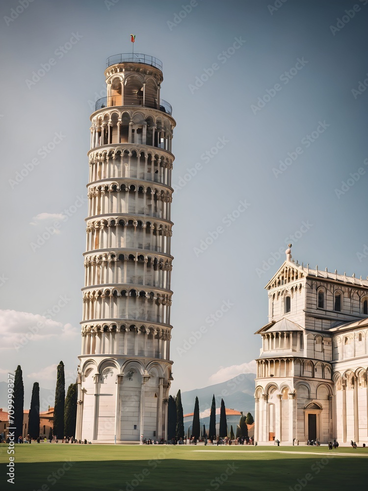The Leaning Tower of Pisa stands under a soft afternoon light, its ...