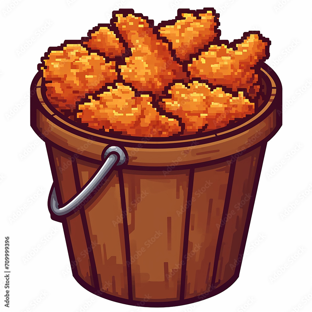 Pixelated game art illustration of a bucket of fried hot sauce chicken ...