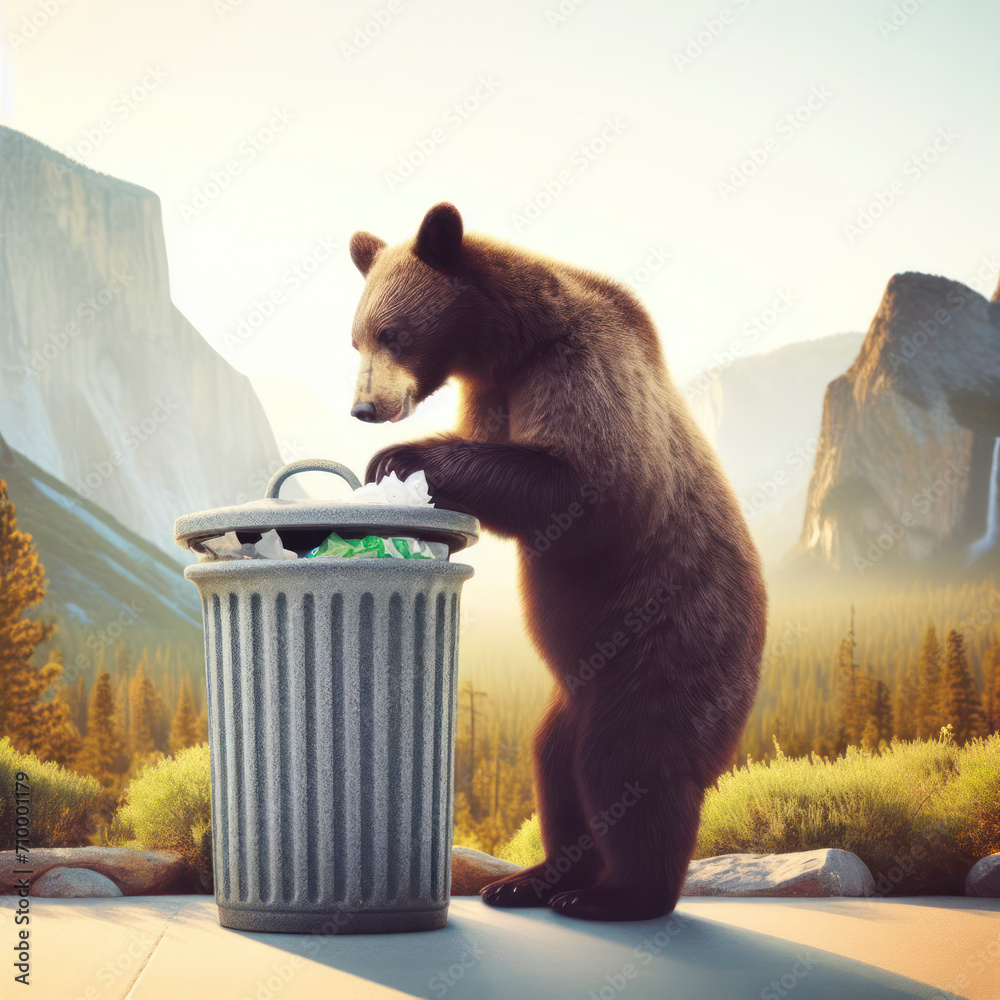 Bear Digging through a trashcan. Represents mountain life and the ...