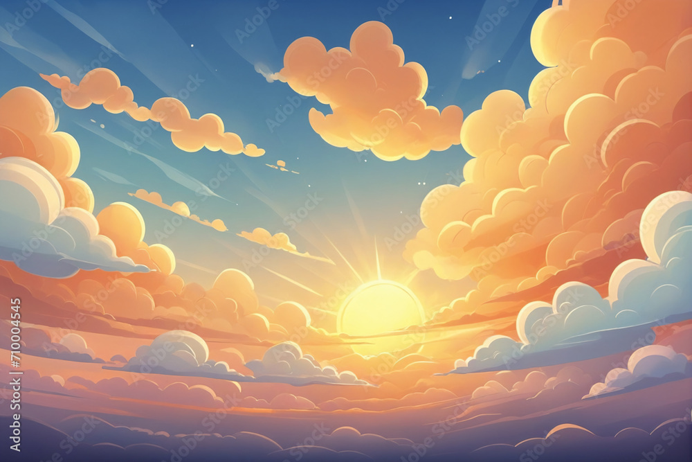 Cartoon cloudy sky background, golden sunset light Stock Illustration ...