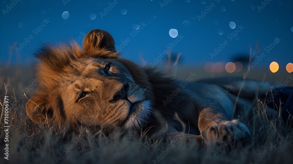 The Lion hidden in the darkness with moon and illuminated clouds ...