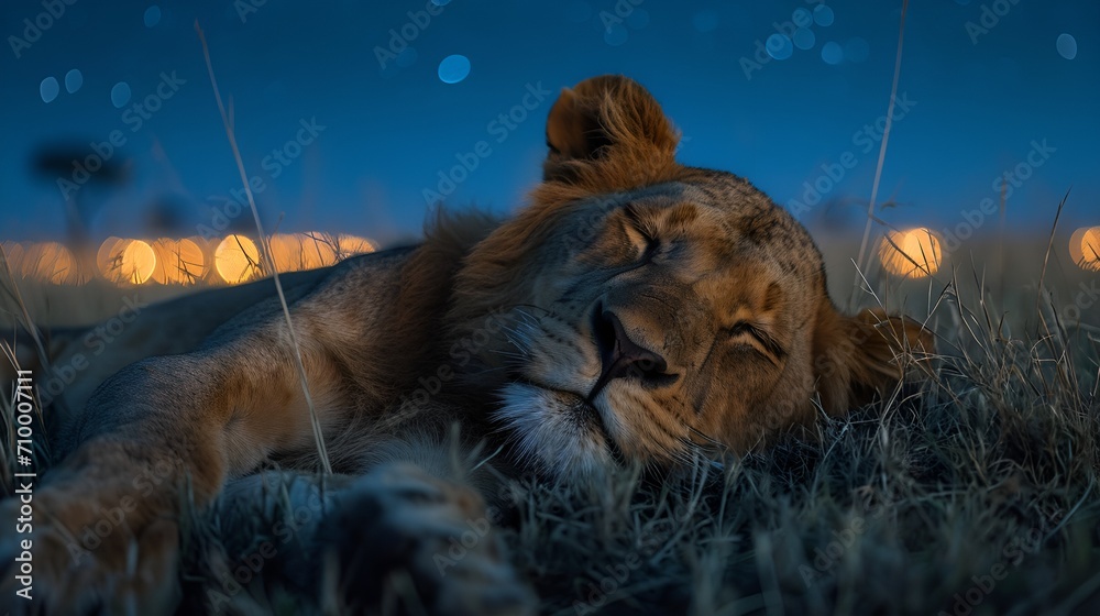The Lion hidden in the darkness with moon and illuminated clouds ...