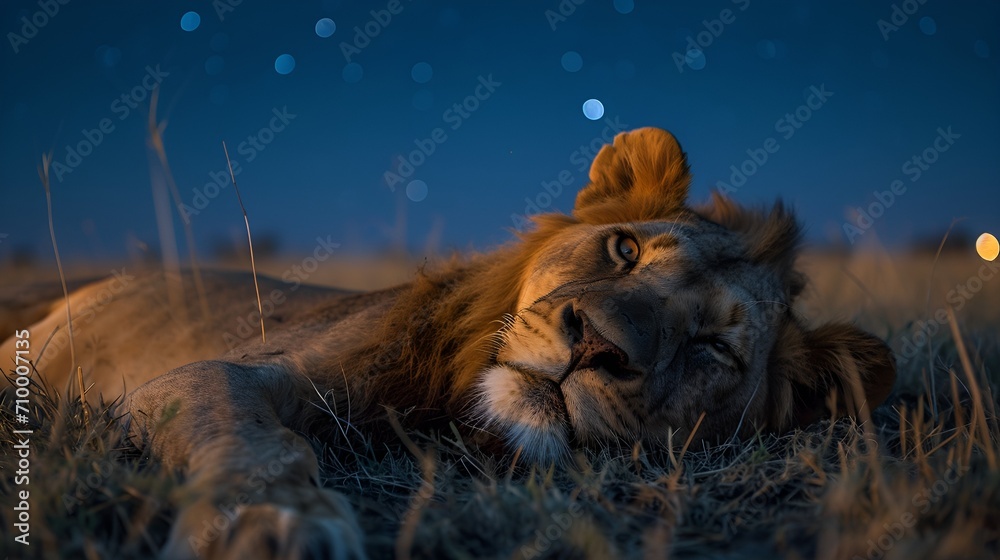 The Lion hidden in the darkness with moon and illuminated clouds ...