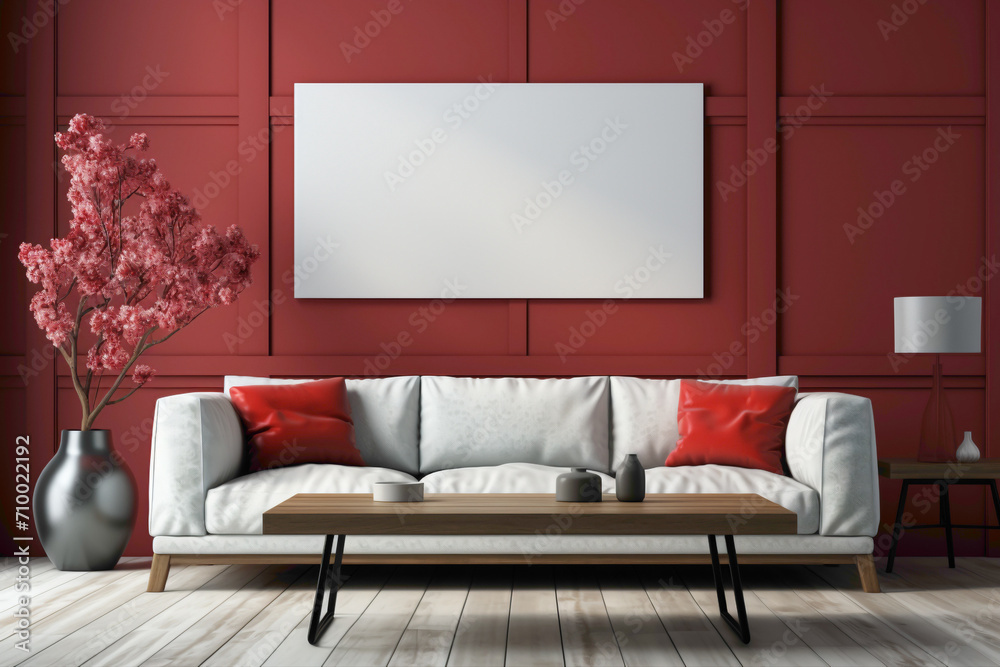 Picture a serene living room with a soft color palette featuring a red ...
