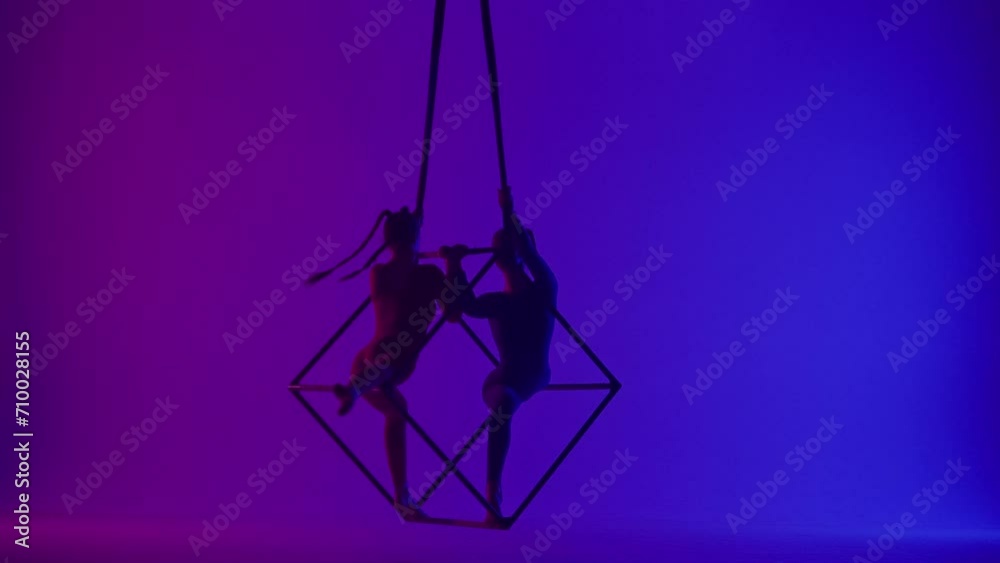 Silhouette of two female acrobats isolated on neon background. Girls ...