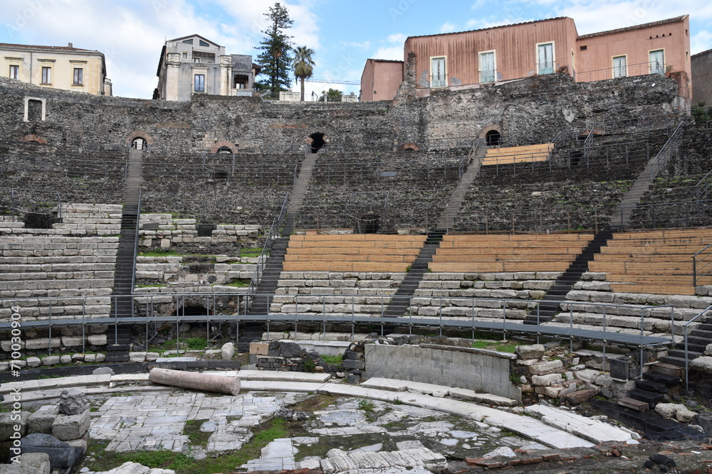 Ruins of an amphitheater built in the 2nd century with a stepped ...