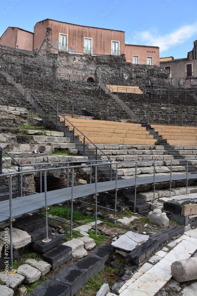 Ruins of an amphitheater built in the 2nd century with a stepped ...