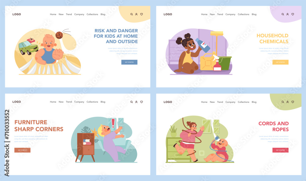 Child safety set. Kids in various dangerous situations. Household ...