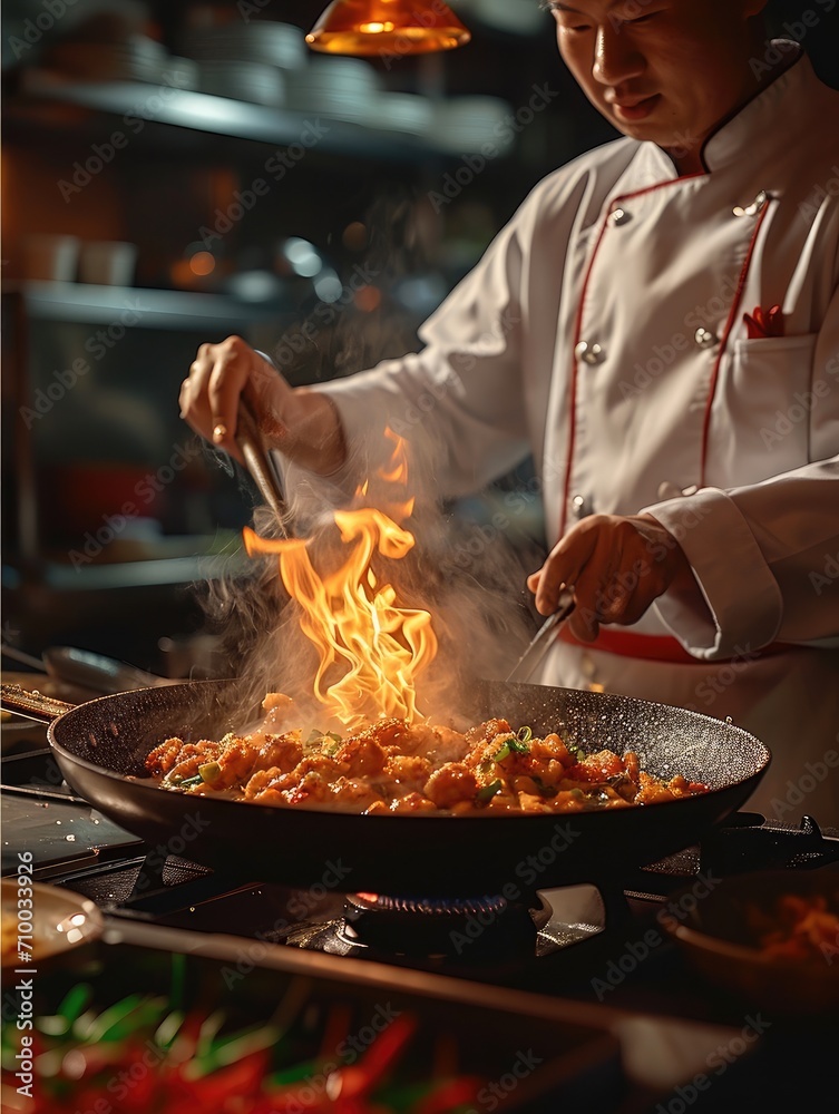 Chinese chef with a big pan cooking gourmet food. Generative AI. Stock ...