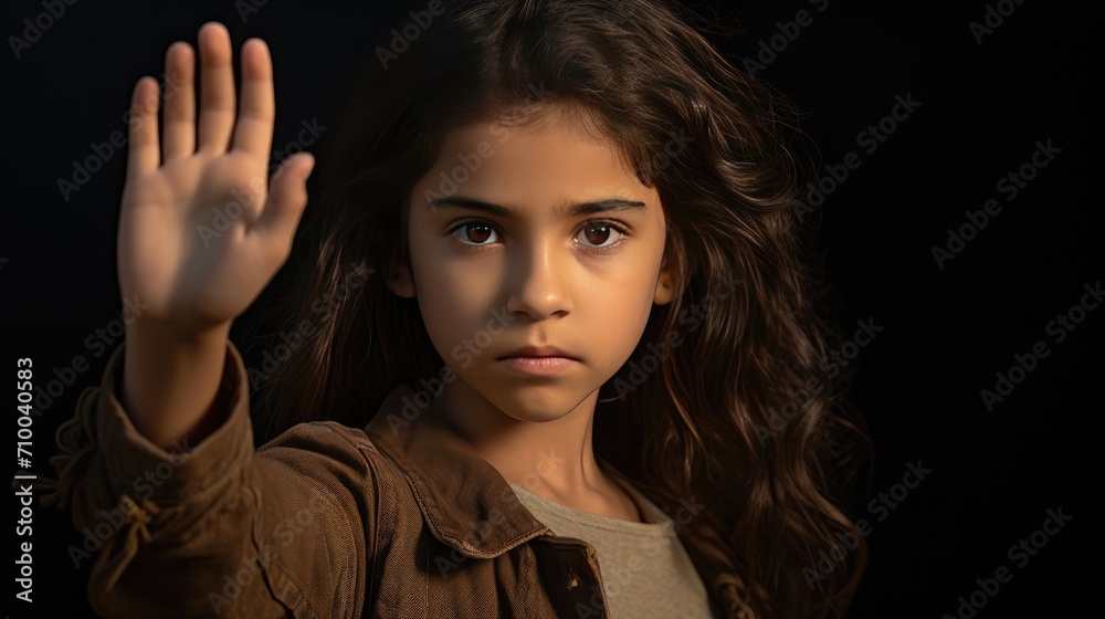 Small teen child standing against discrimination and school abuse. Crop ...