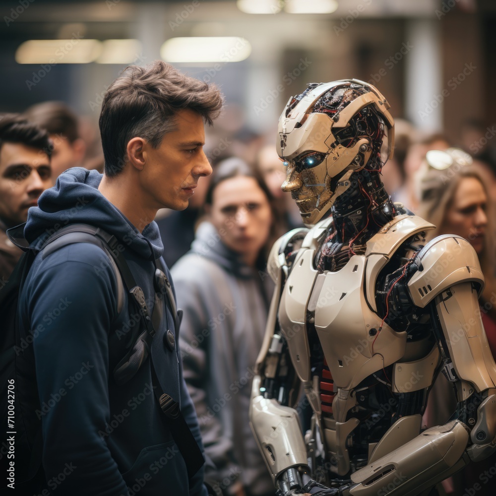 a diverse crowd gathering at a robotics expo, exploring the latest ...