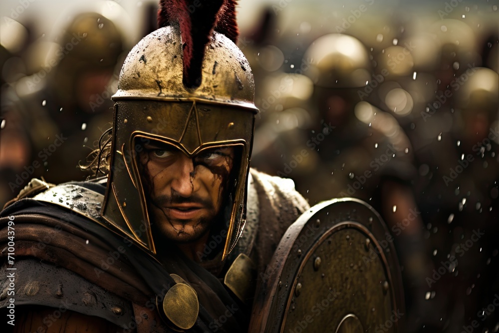 Ancient Warrior Ready for Battle, Helmet and Shield in Hand Stock Photo ...