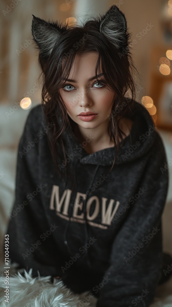 Fantasy photography of a beautiful woman with half human half cat breed ...