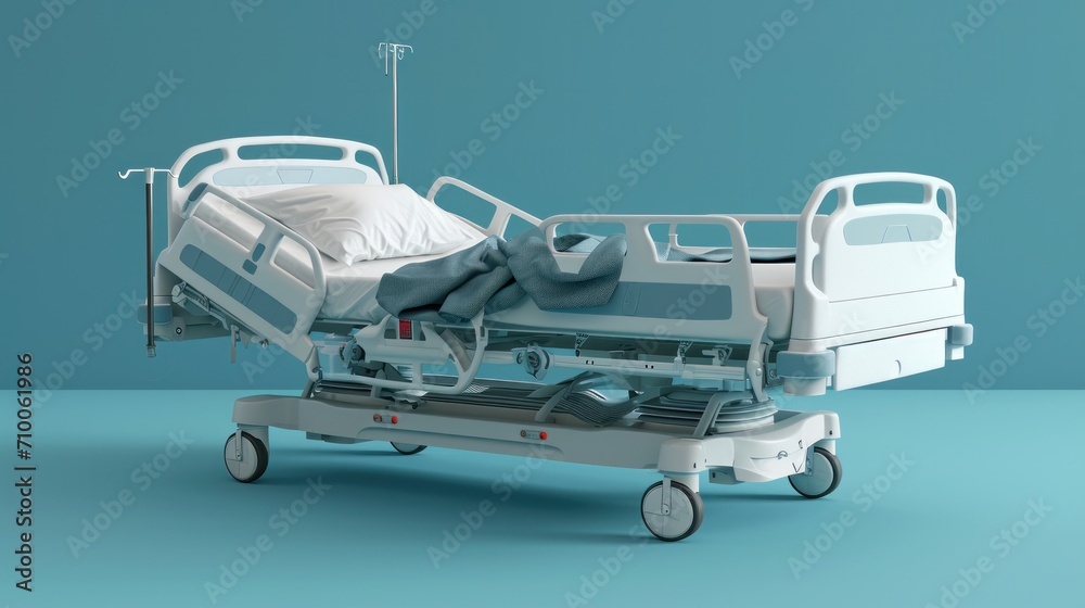 Hospital bed in a front view, isolated against a blue background Stock ...