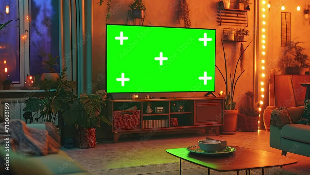 Flat-screen TV in a living room zooming out in a cosy lounge, with ...