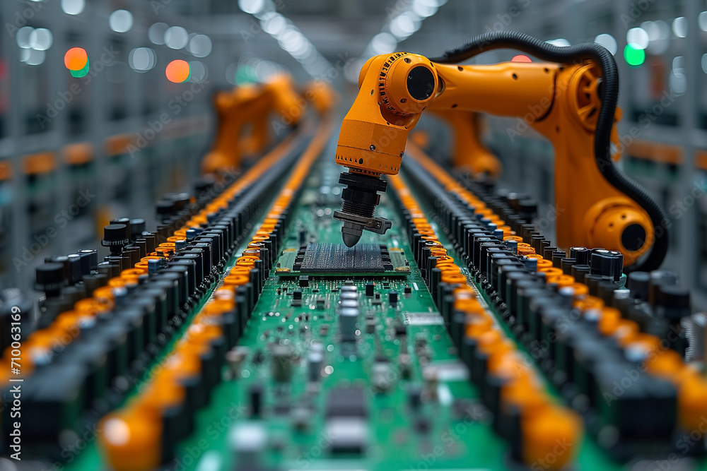 precision robot arms on fully automated assembly line in electronics ...